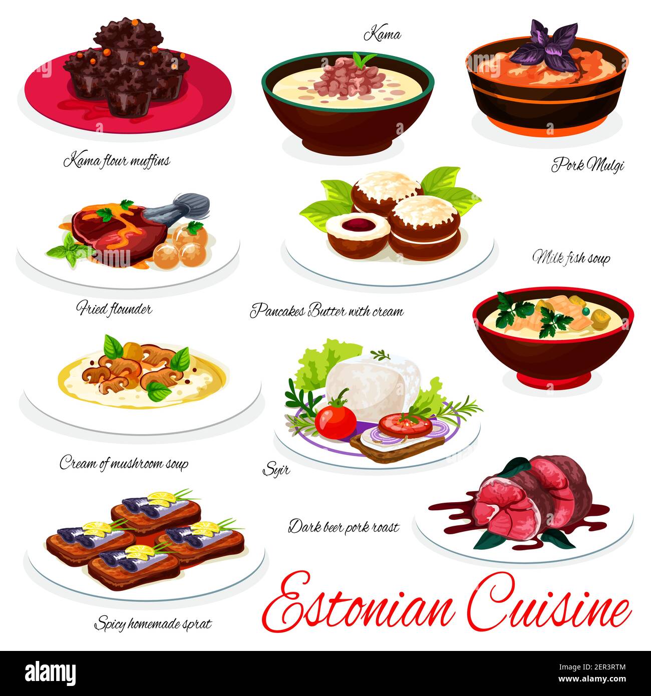 Estonian cuisine meals, fish dishes, pastry and sweet desserts vectors ...