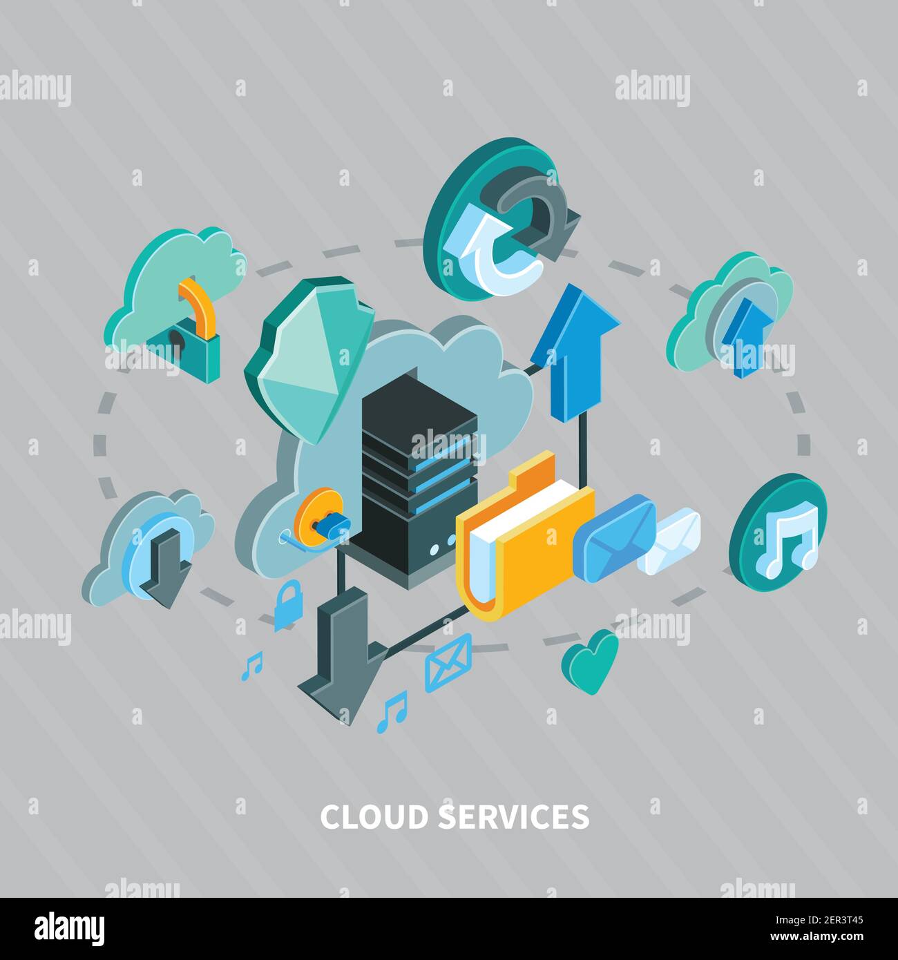 Cloud services and secure file storage isometric concept on grey ...