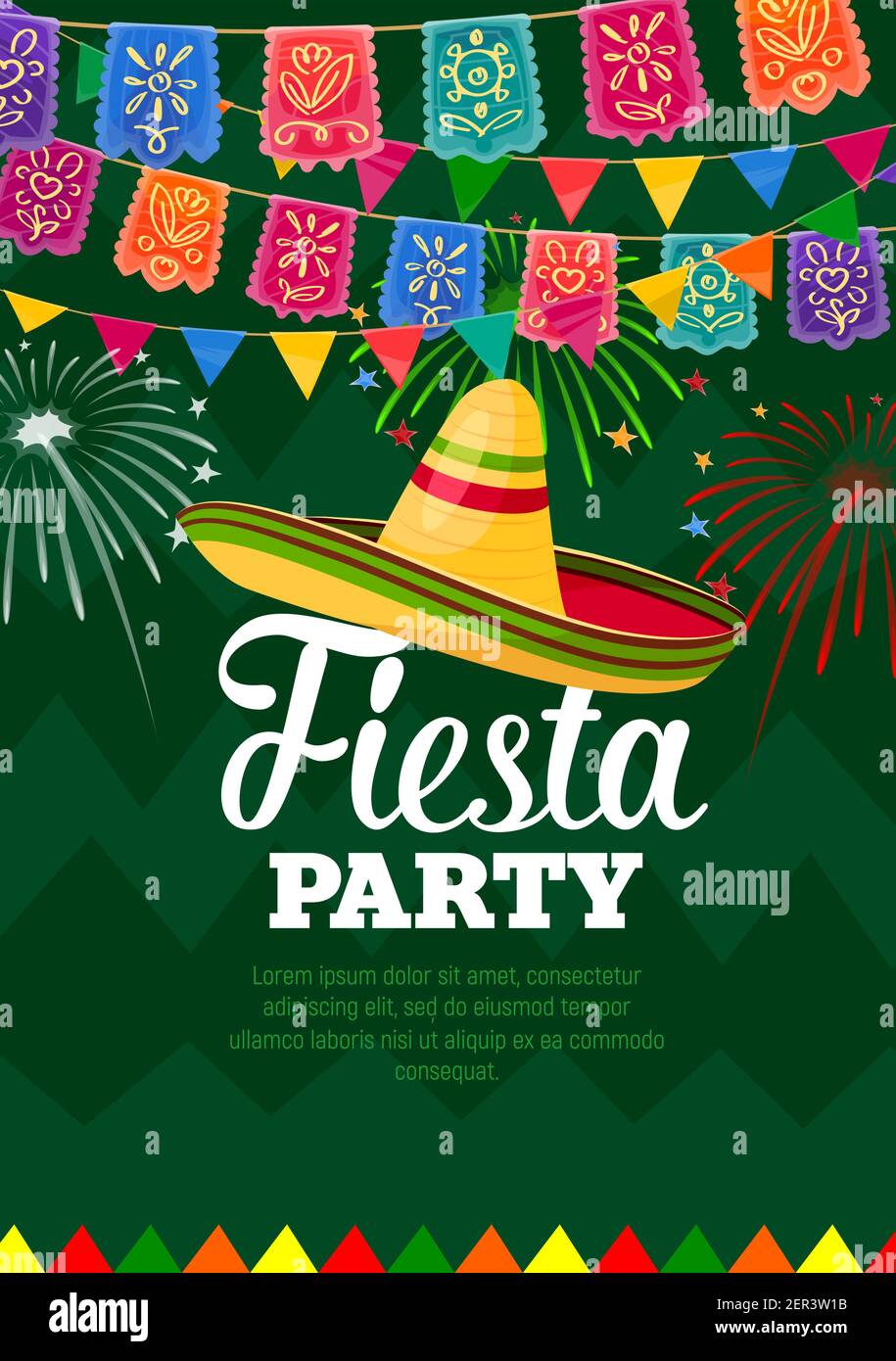 Fiesta party vector poster, mexican symbols sombrero and colorful flag ...