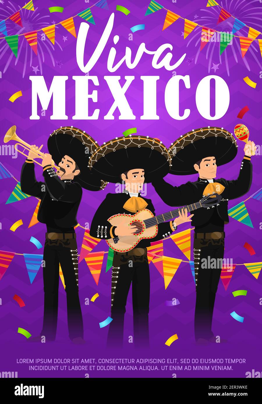 Viva Mexico vector poster with Mariachi band. Mexican musicians in ...