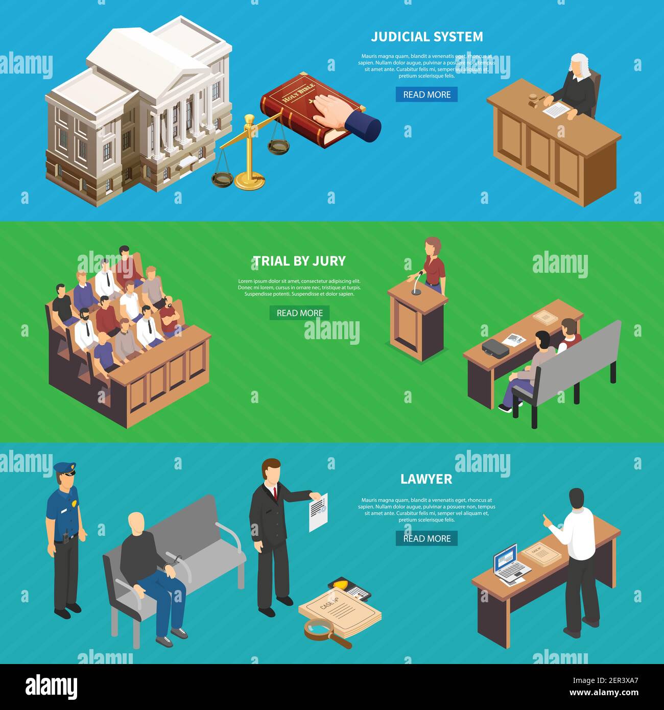 Judicial system trial 3 horizontal isometric website banners with ...