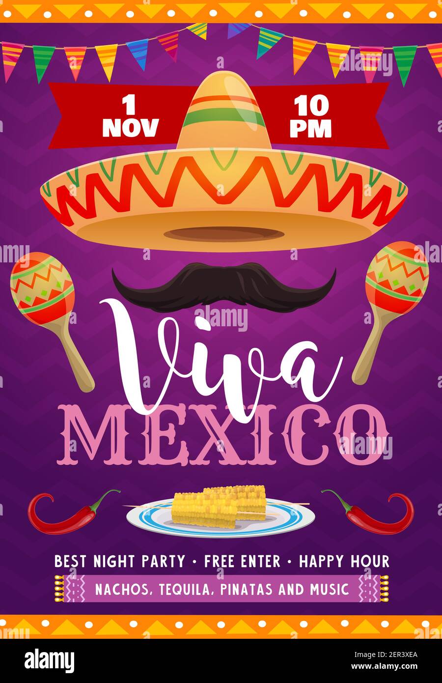 Viva Mexico vector flyer with mexican sombrero, mustaches and maracas ...