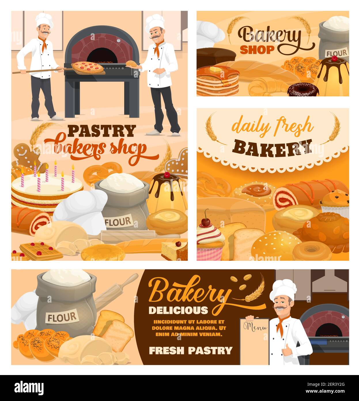 Pastry shop and bakery cartoon vector posters set. Pizzeria chef, baker ...