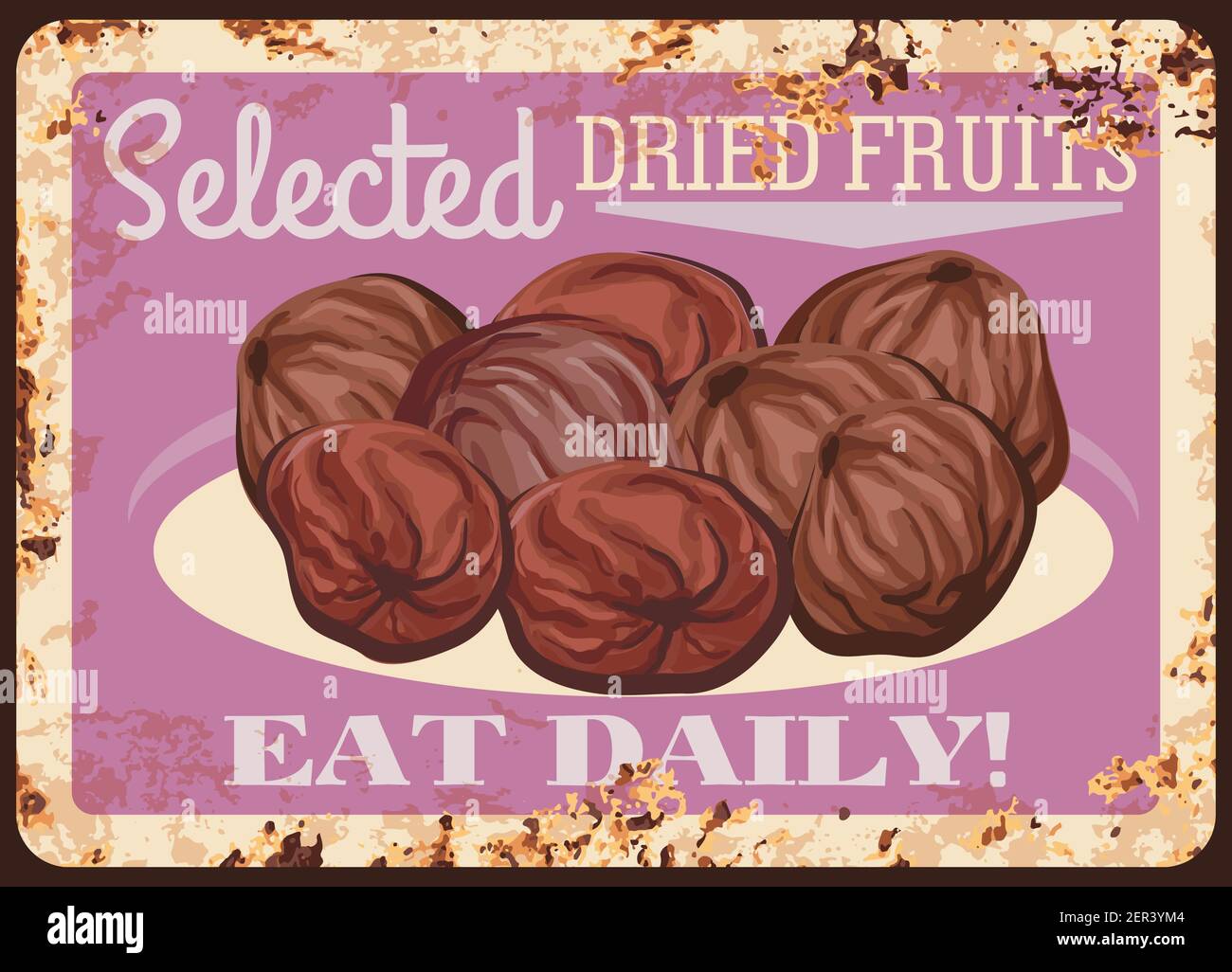 Dates rusty metal plate, vector dried fruits and candied berries ...