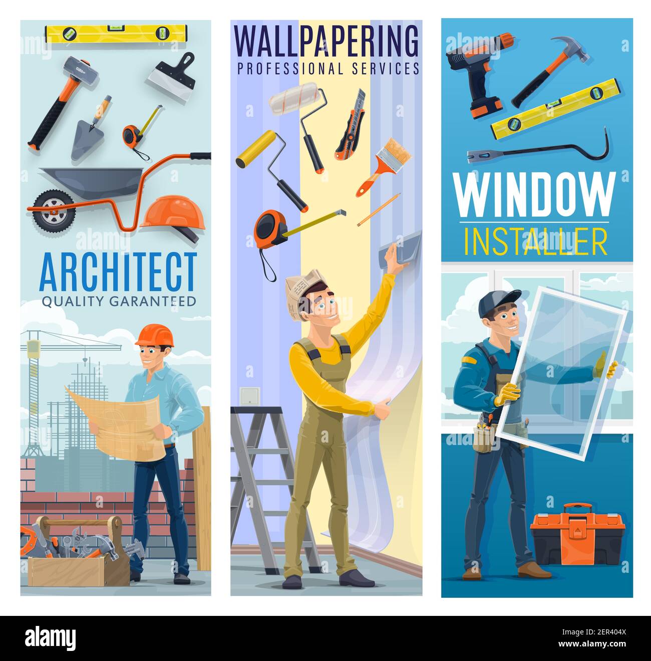 Architect, house wallpapering and window installer banner. Architect ...