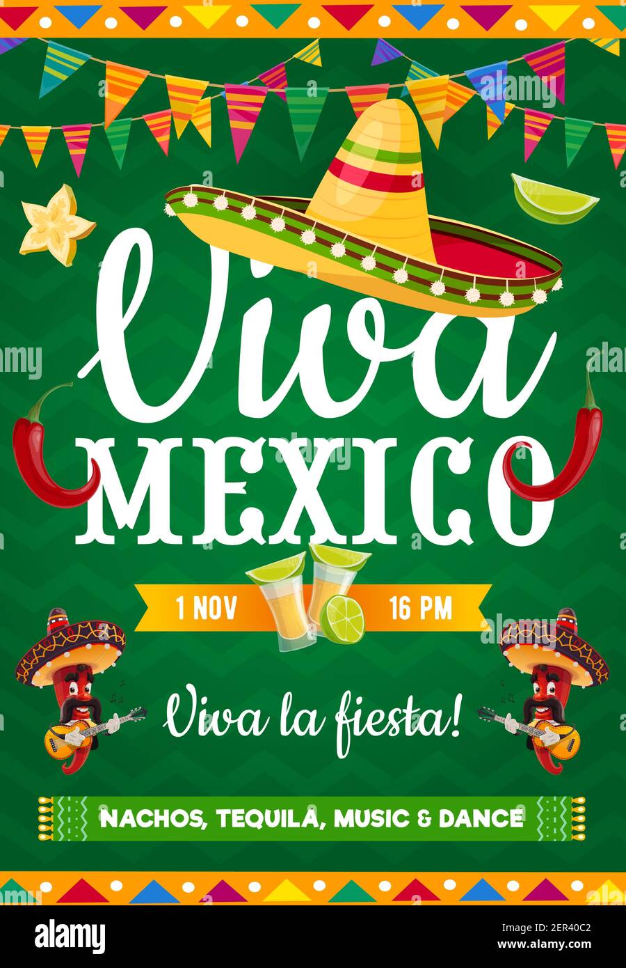 Viva Mexico vector poster with mexican symbols sombrero, jalapeno ...
