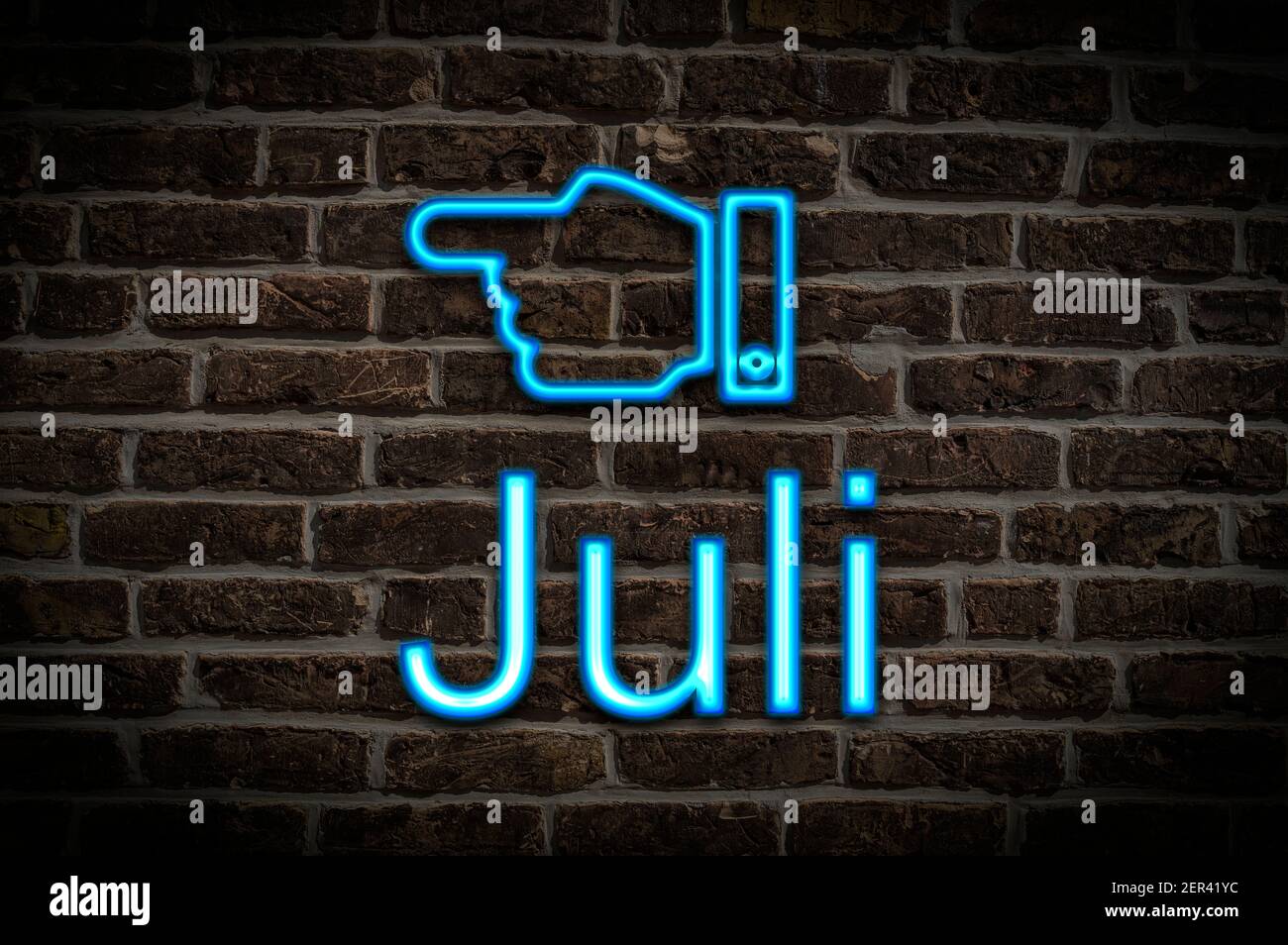 Detail photo of a neon sign on a wall with the inscription Juli (July ...