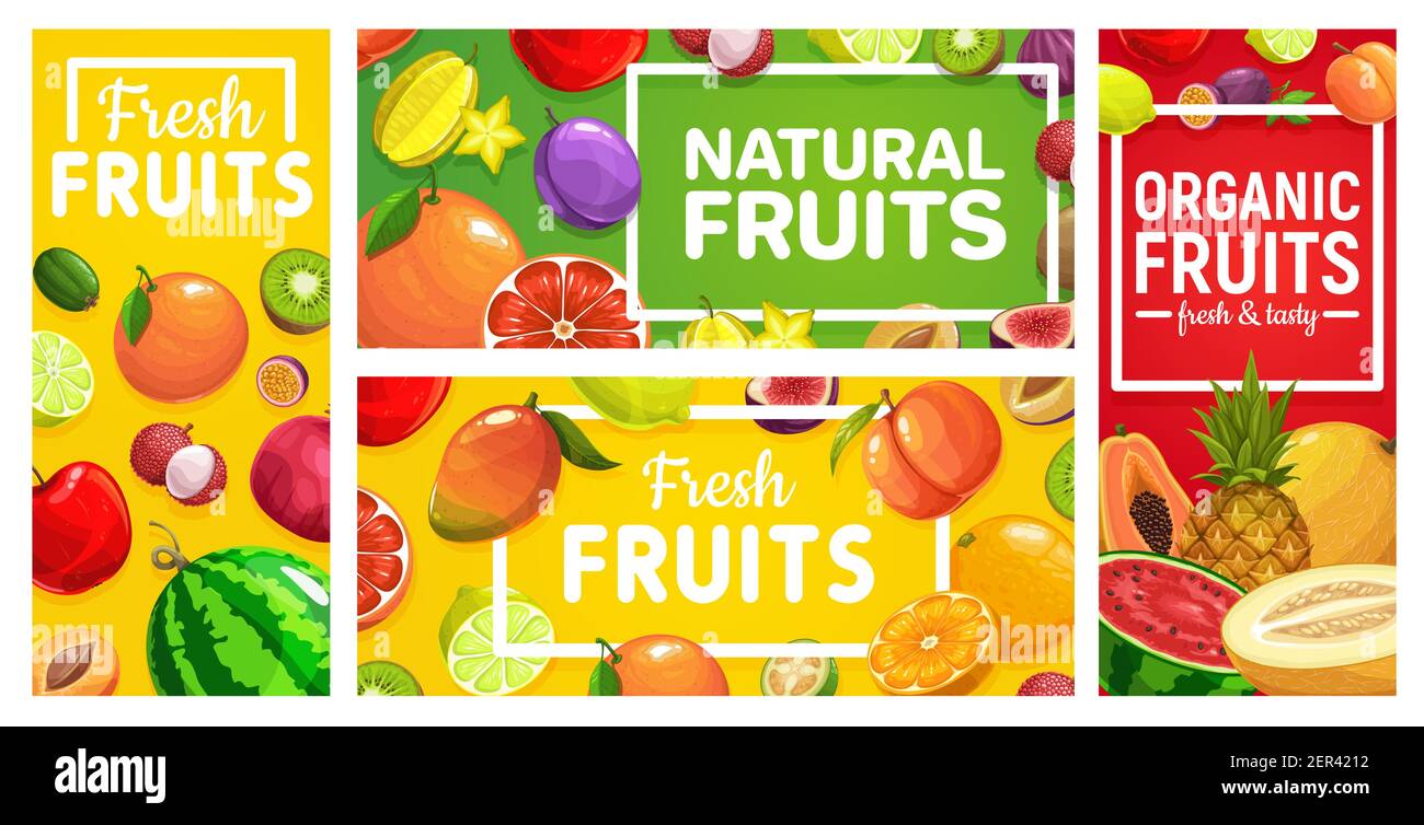 Fruits food orange, tropical pineapple, farm apple, vector posters and ...