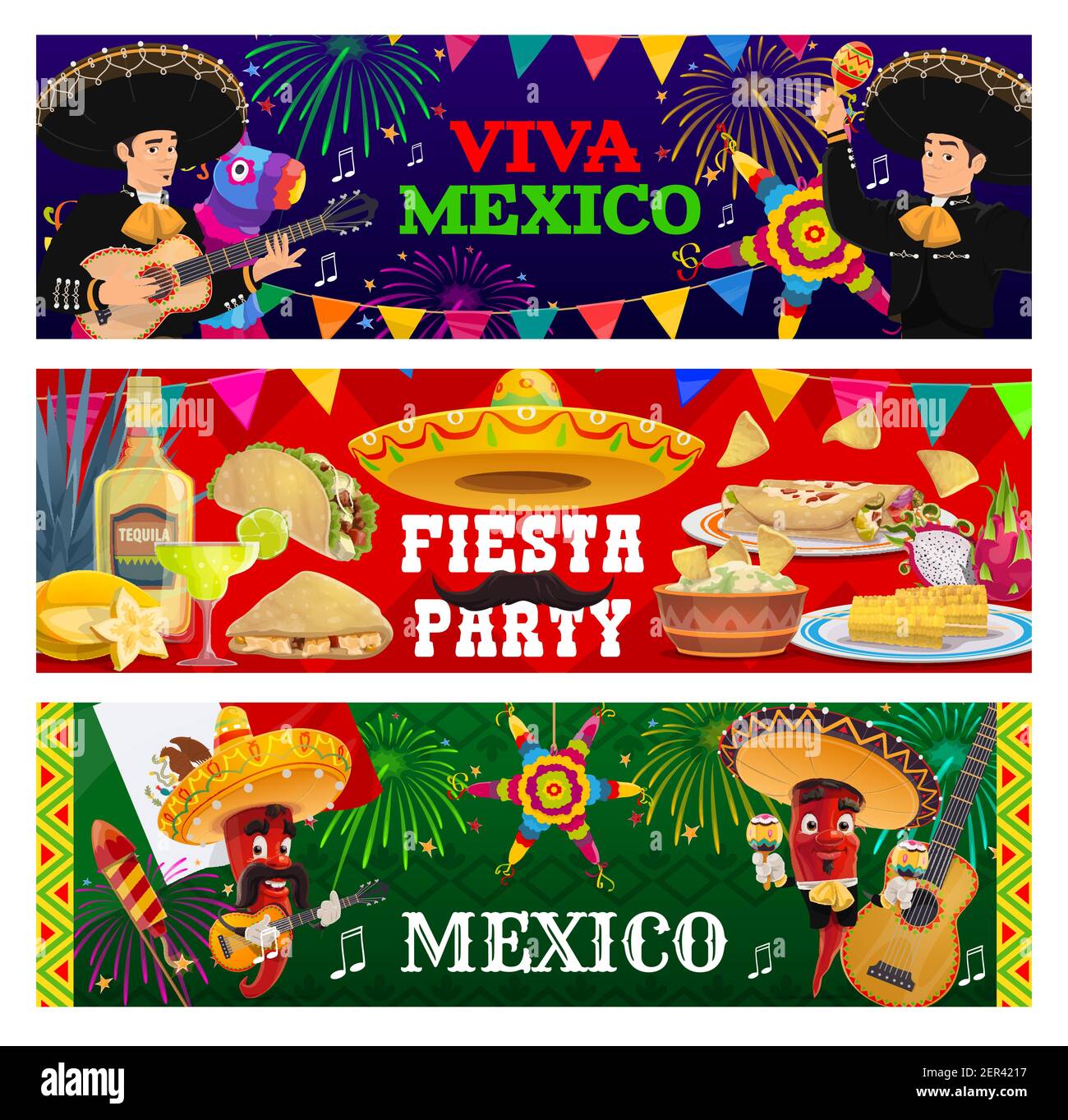 Viva Mexico, fiesta party vector banners. Mariachi musicians, jalapeno ...