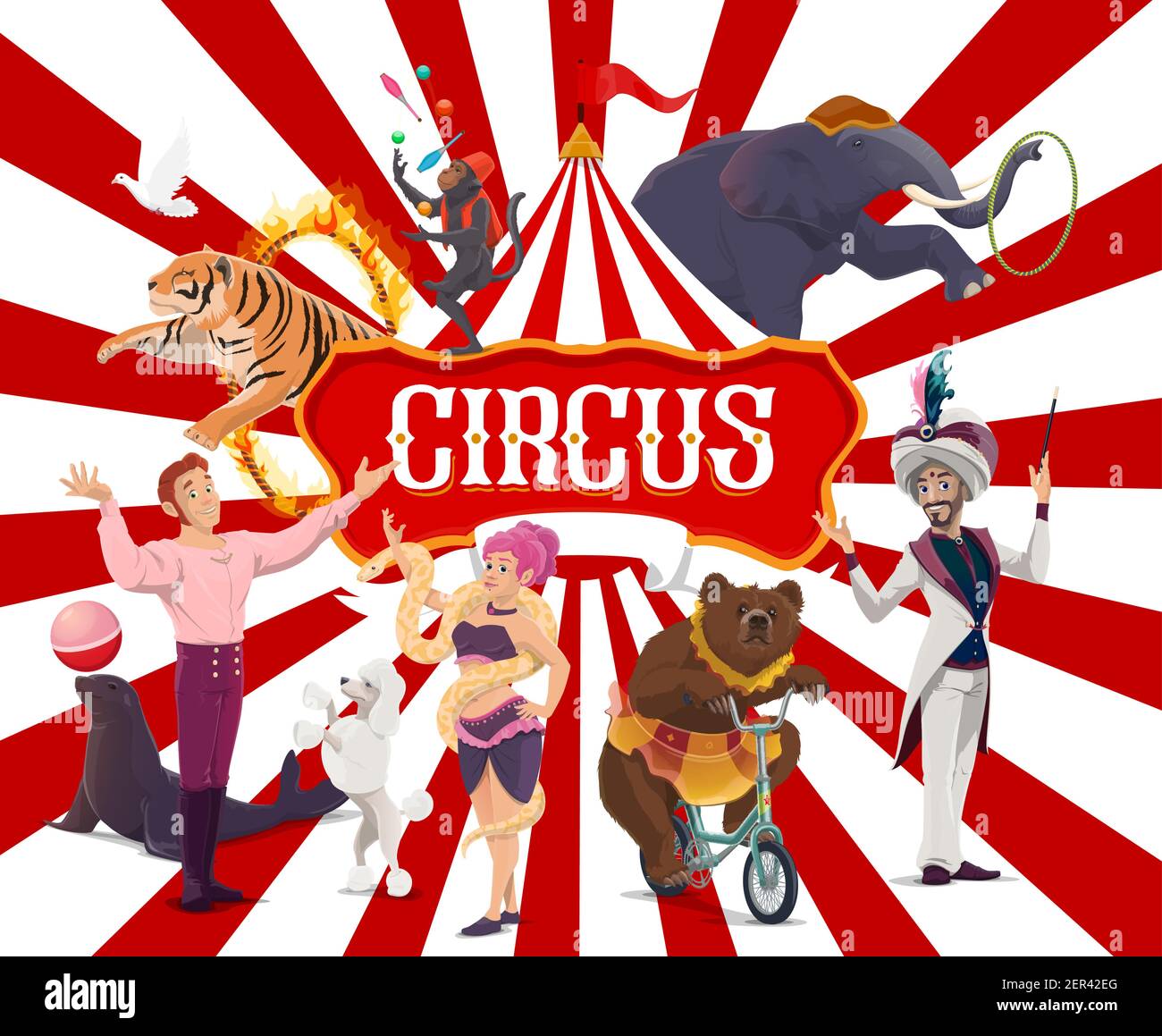 Circus poster, funfair carnival show performers, vector big top tent ...