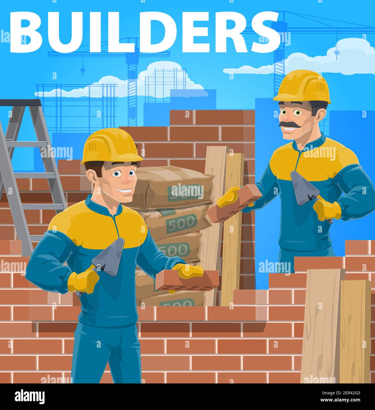 Builders working on house construction. Mason or bricklayer workers in ...