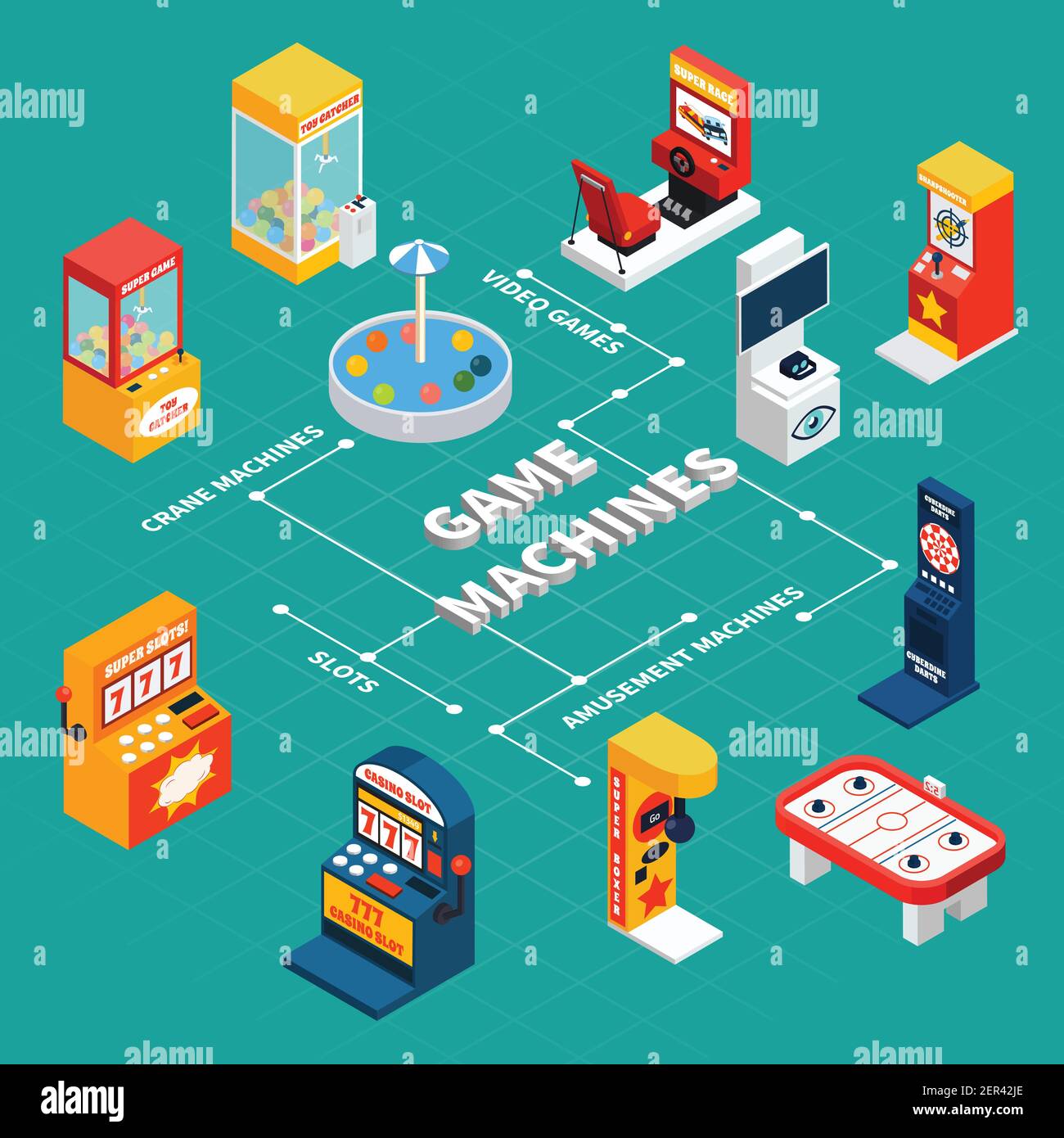 Isometric infographics with various game machines on blue background 3d ...