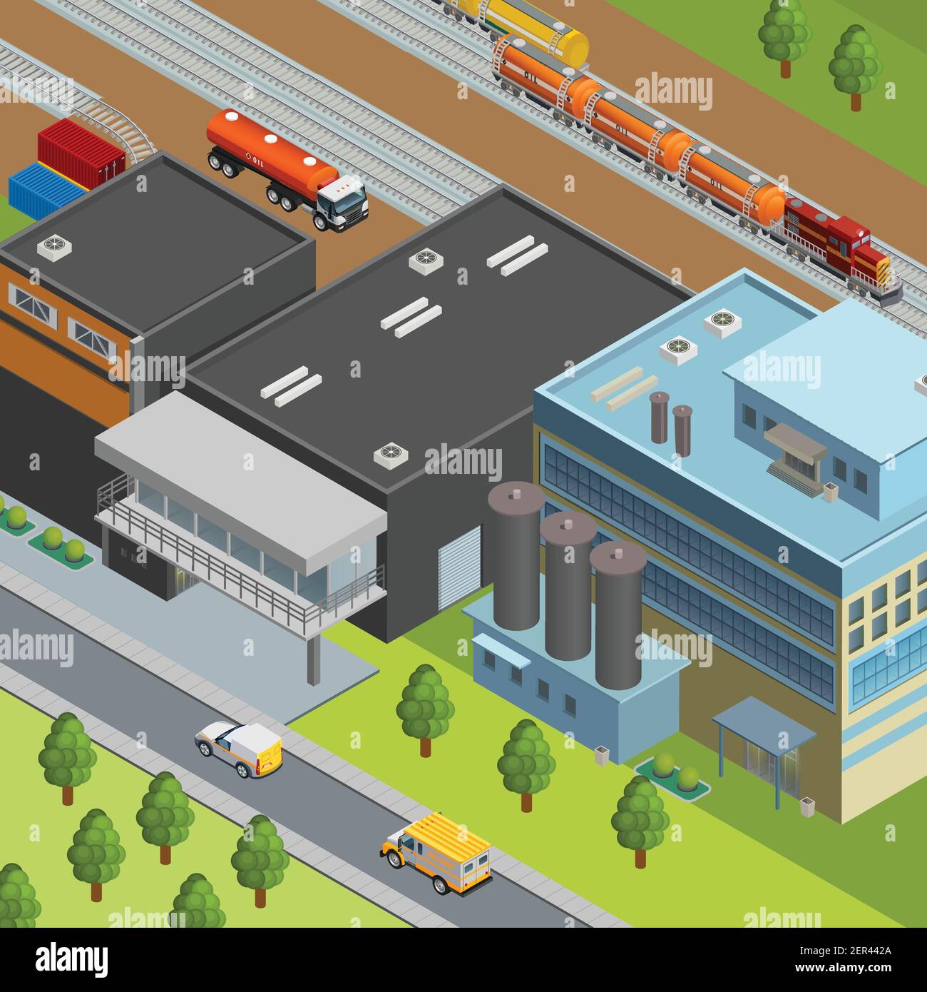Truck and train for oil transportation near refinery 3d isometric ...