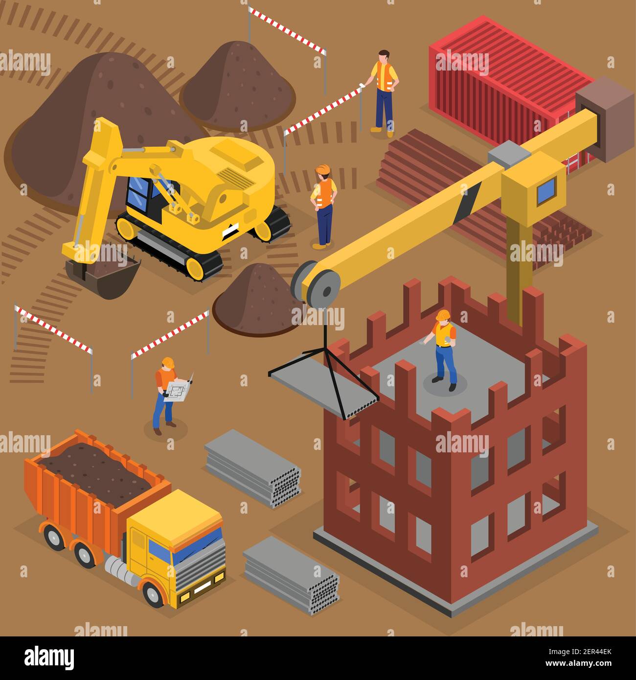 Construction isometric composition with images of building machinery workers and crane near high ...
