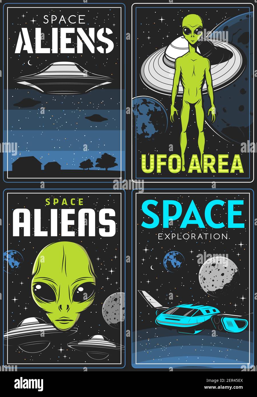 Retro posters with alien and ufo area, vector extraterrestrial comer ...