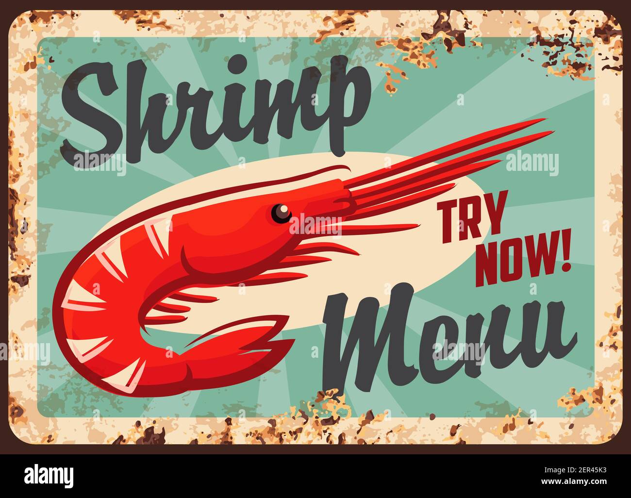 Fresh shrimps restaurant menu rusty metal plate. Sea pram catch ...