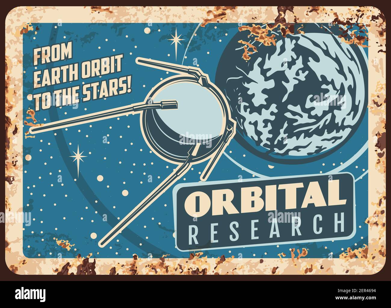 Satellite orbital research vector rusty metal plate. Scientific program ...