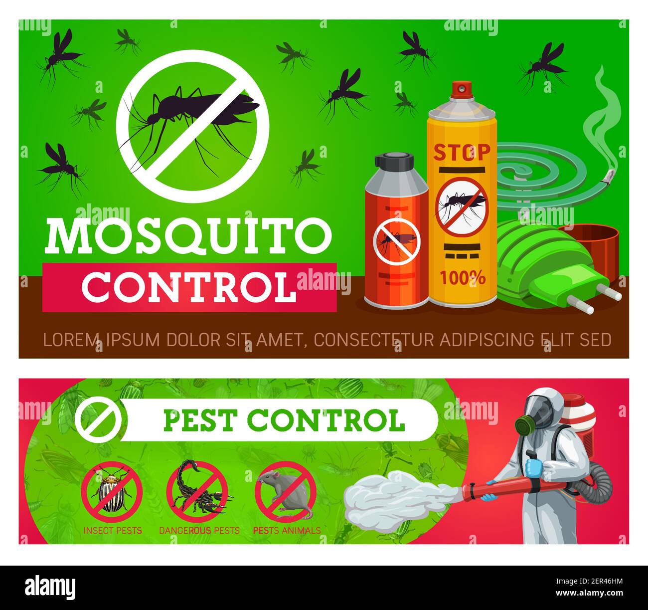 Pest control, mosquito disinsection vector banners with repellents and ...