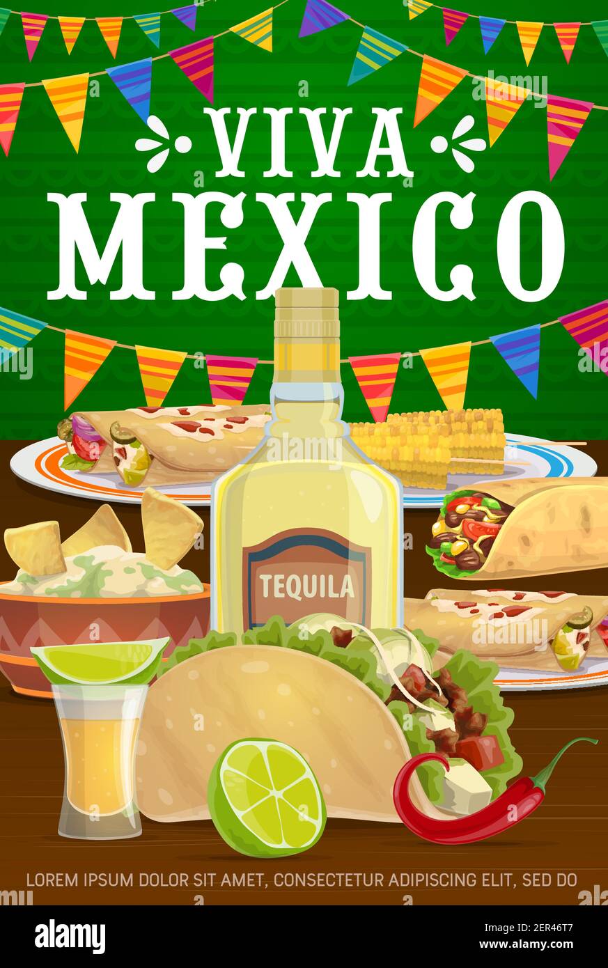 Viva Mexico vector poster with traditional mexican food enchiladas ...