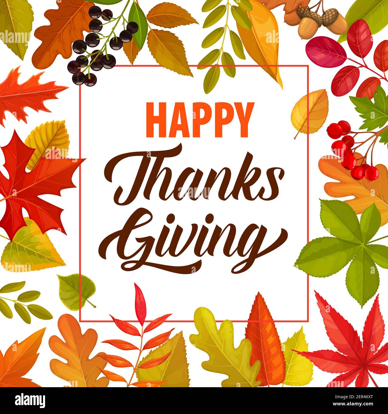 Happy Thanks Giving vector frame with lettering and fallen autumn ...