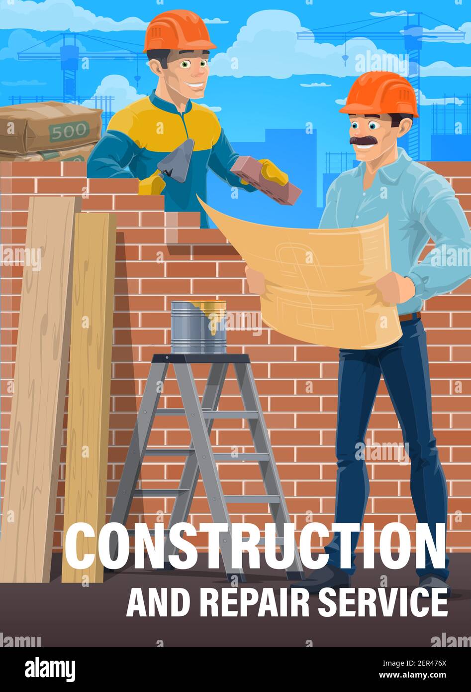 House construction professional workers. Mason or bricklayer in uniform ...