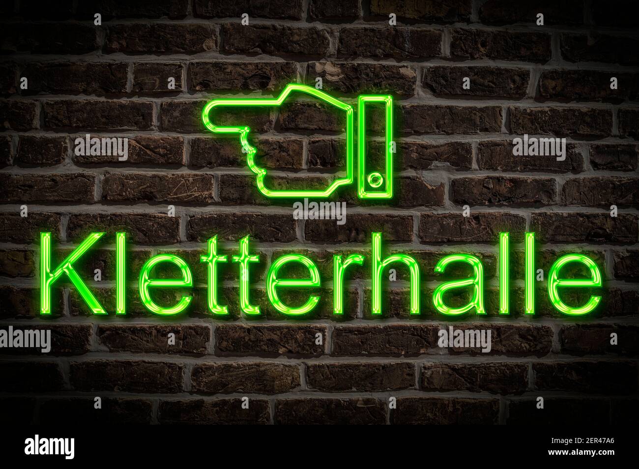 Detail photo of a neon sign on a wall with the inscription Kletterhalle ...