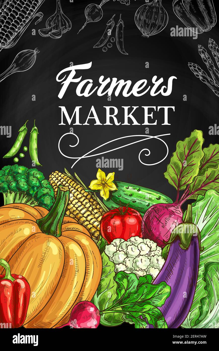 Farmers market vegetables chalkboard banner. Cucumber, beetroot and ...