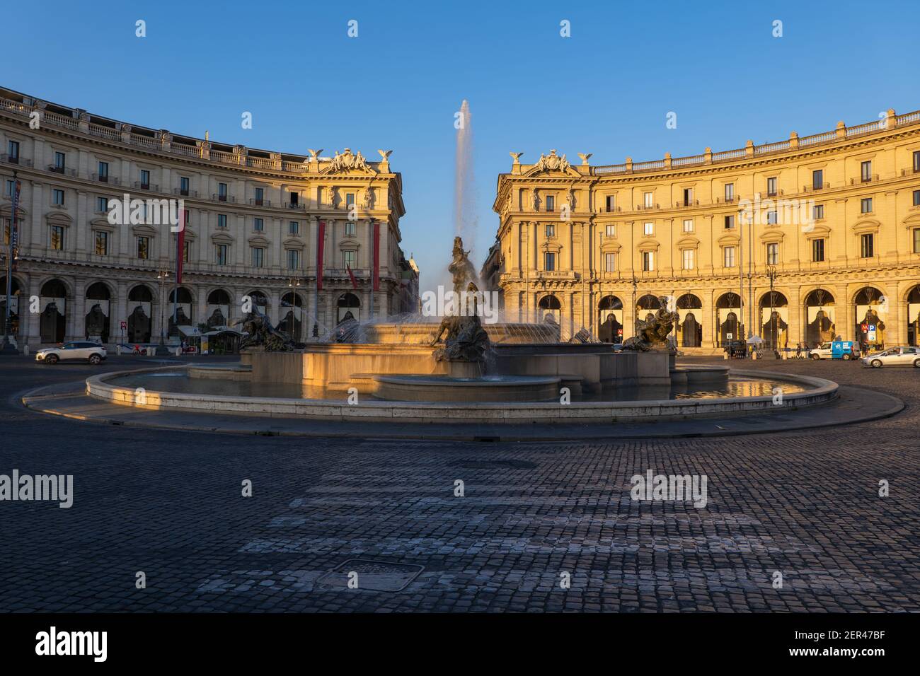Italy, Rome, sunrise at Piazza della Repubblica city square with ...