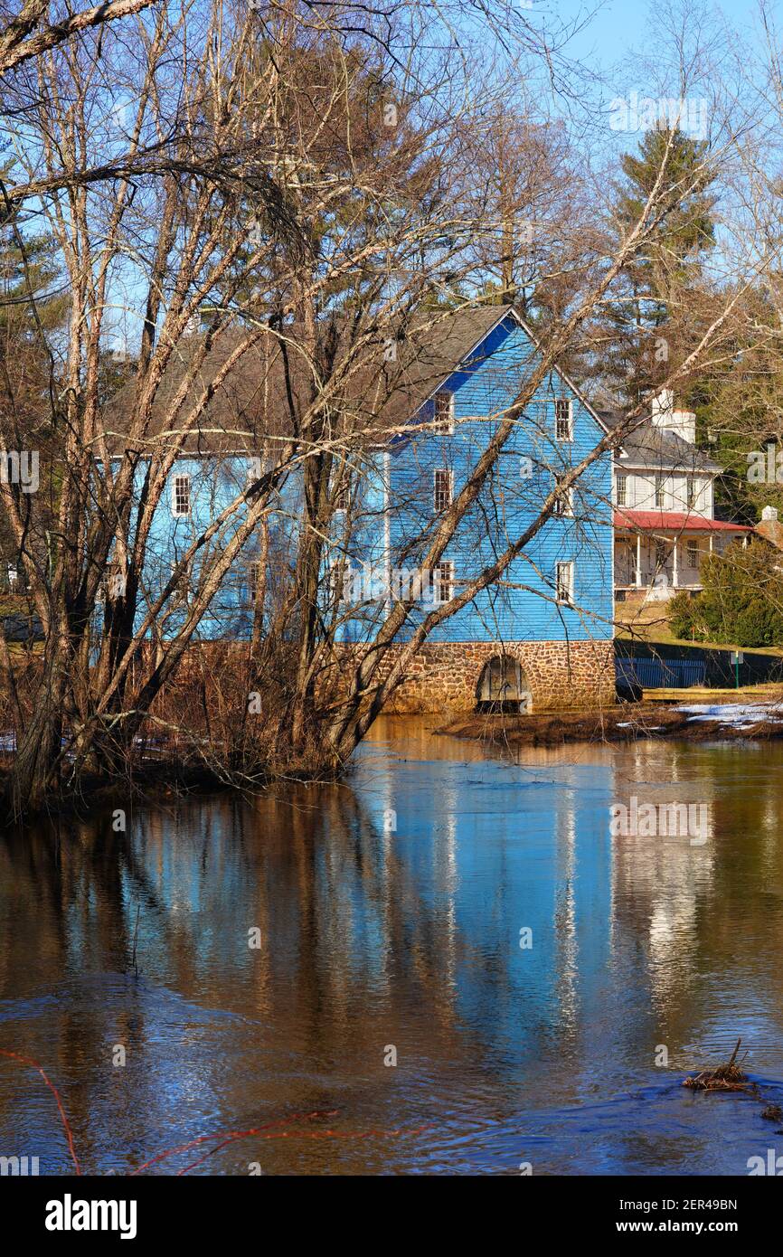 UPPER FREEHOLD, NJ -25 FEB 2021- Winter view of the blue mill in ...