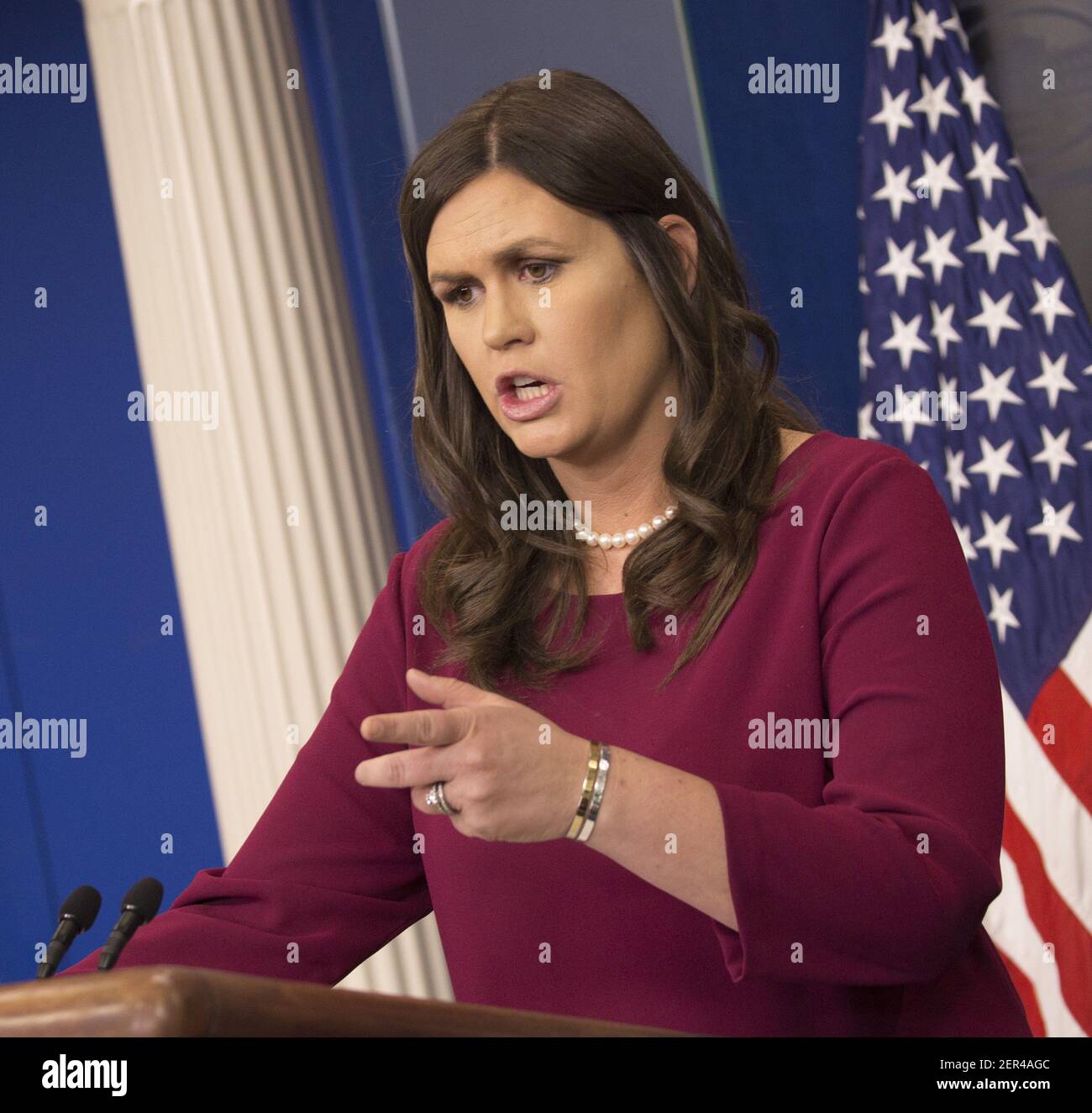 White House spokesperson Sarah Sanders hold a news briefing at The ...