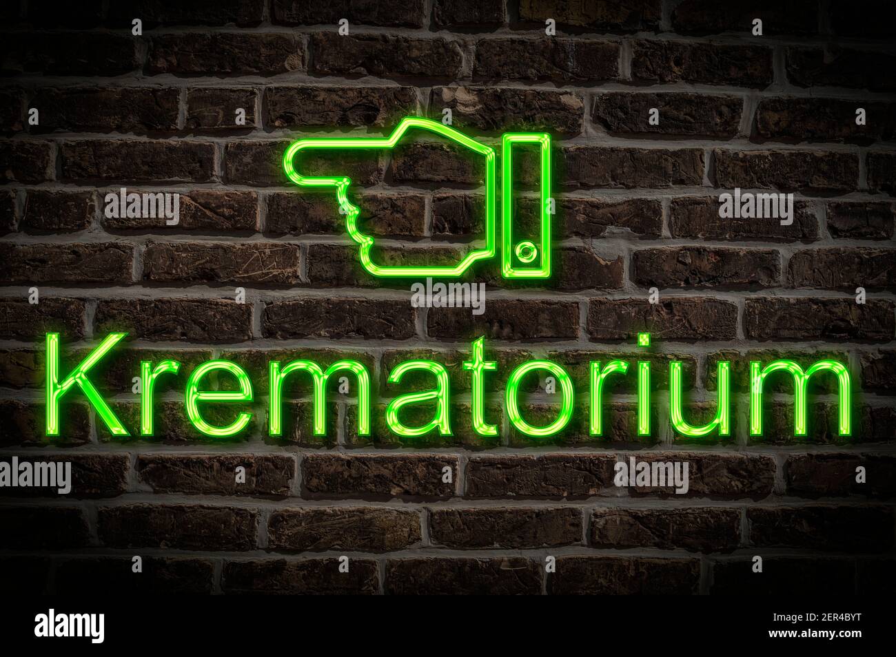 Detail photo of a neon sign on a wall with the inscription Krematorium ...