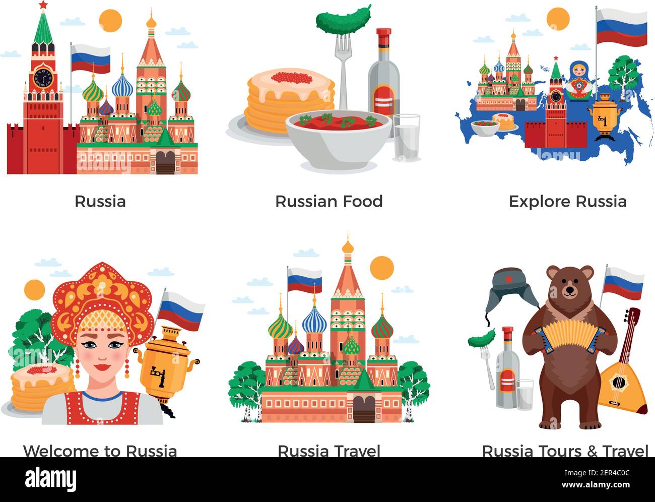 Russia travel tours attractions culture landmarks 6 flat compositions ...