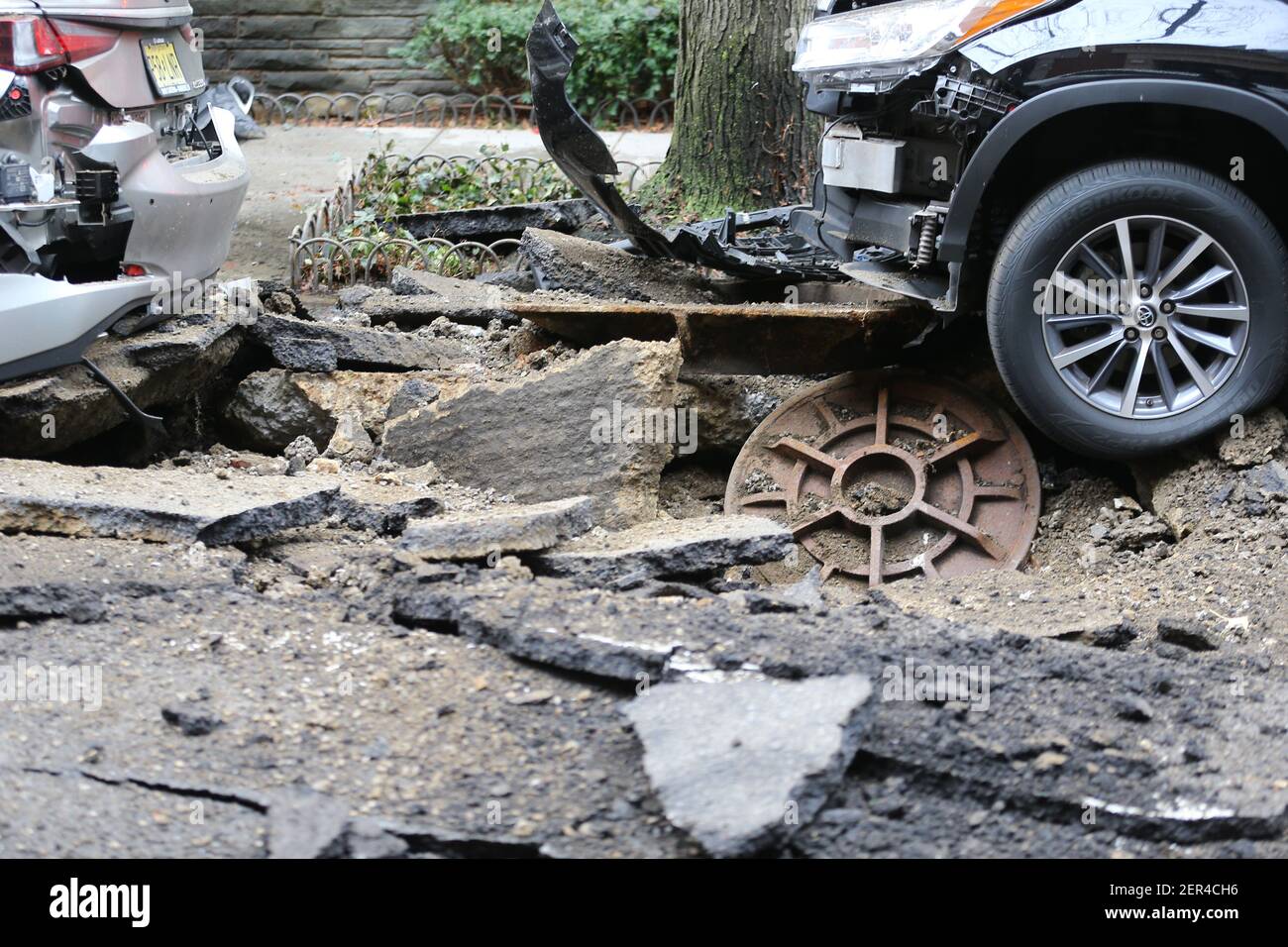 New York City, USA. 28 Feb., 2021. The damage caused to the street and ...