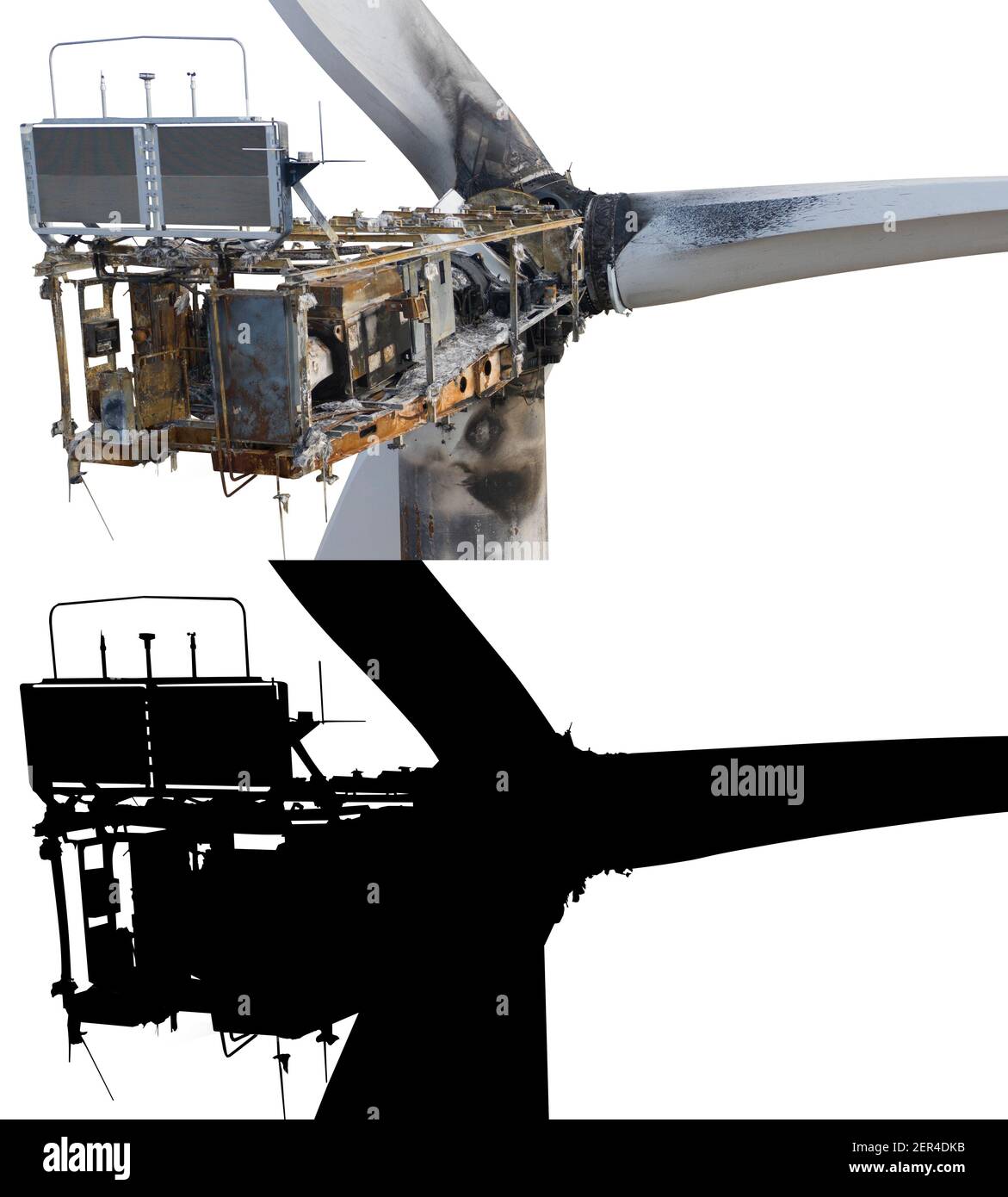 Burnt wind turbine on a qualitatively isolated white background with a ...