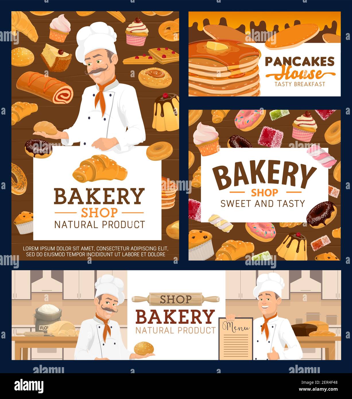Bakery shop and pancakes house cartoon vector posters. Baker or chef in ...