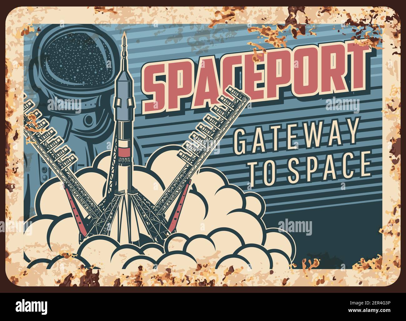 Spaceport vector rusty metal plate. Rocket take off from cosmodrome ...