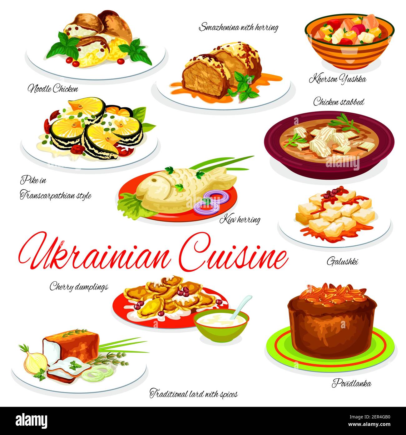 Ukraine food menu vector noodle chicken, smazhenina with herring and ...