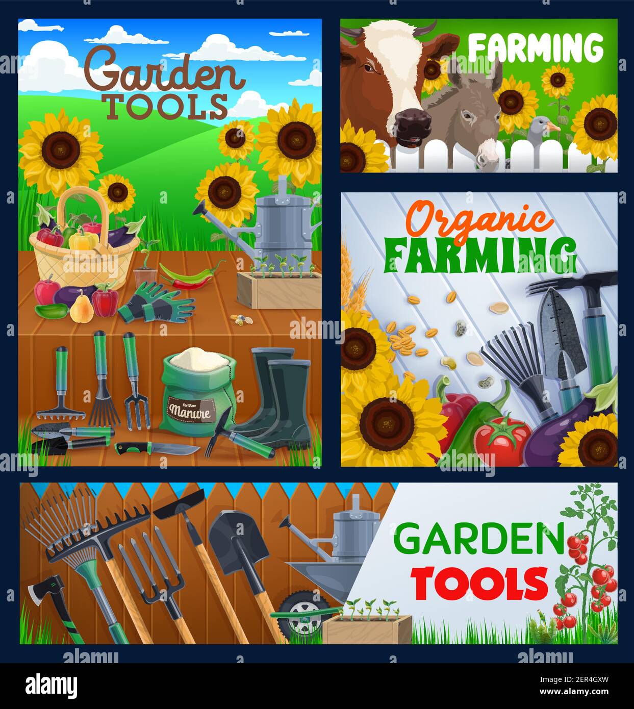 Farming and gardening tools, vector banners. Agriculture, poultry and ...