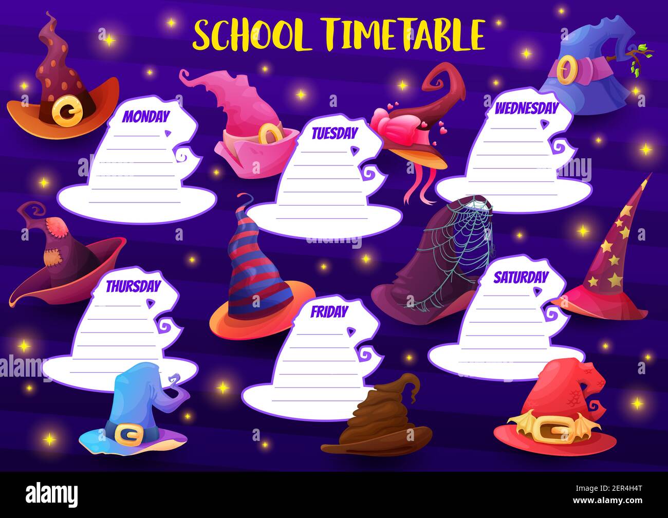 Education school timetable vector template with cartoon witch hats and ...