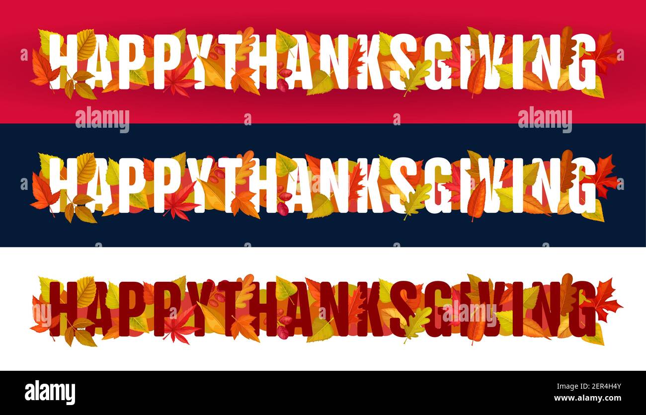 Happy Thanksgiving vector typography with autumn leaves on red, black ...
