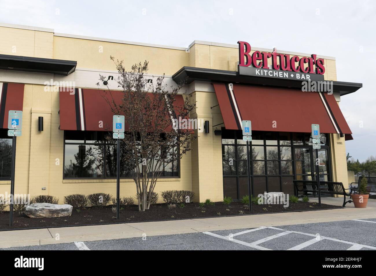 A logo sign outside of a Bertucci's restaurant location in Columbia ...