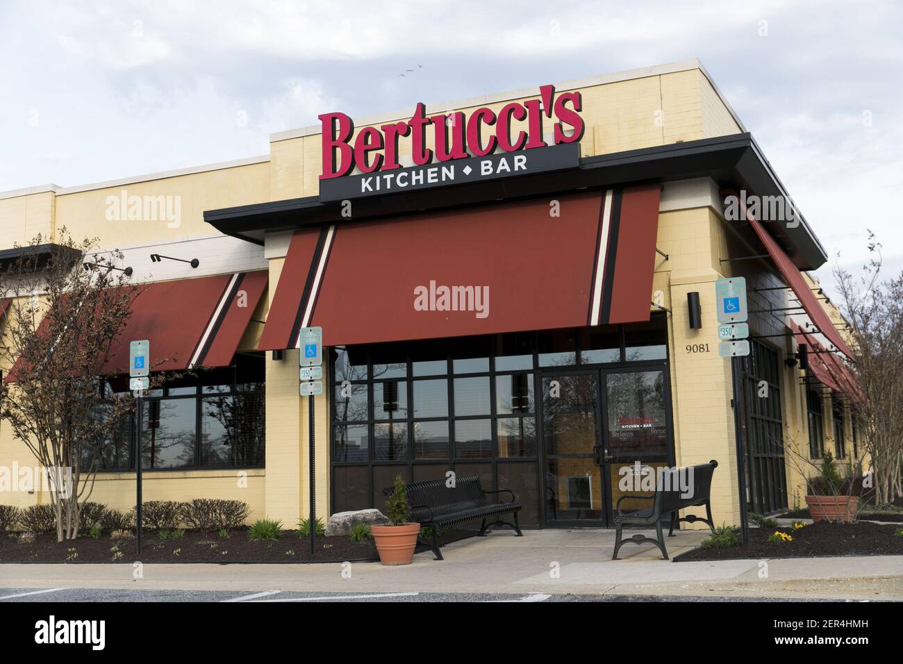 A logo sign outside of a Bertucci's restaurant location in Columbia ...