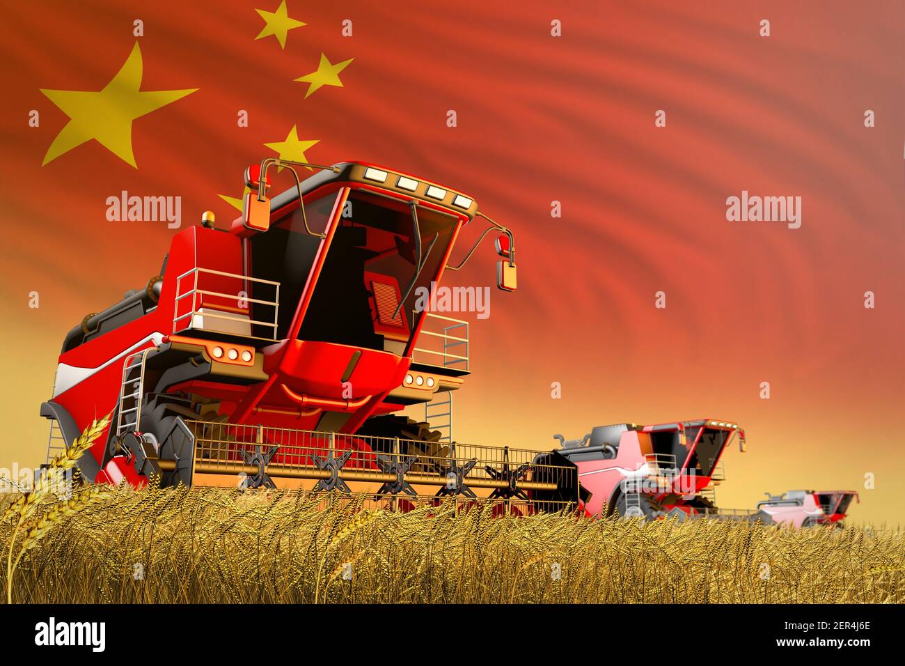 agricultural combine harvester working on wheat field with China flag ...