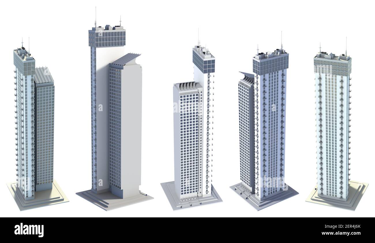 Set of 5 renders of fictional design hi-tech buildings living towers ...