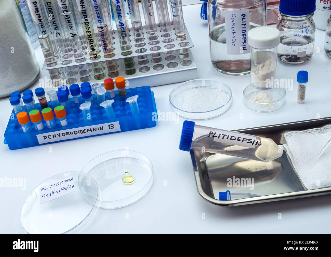 vial with antiviral chemical compound plitidepsin, This formulation has ...