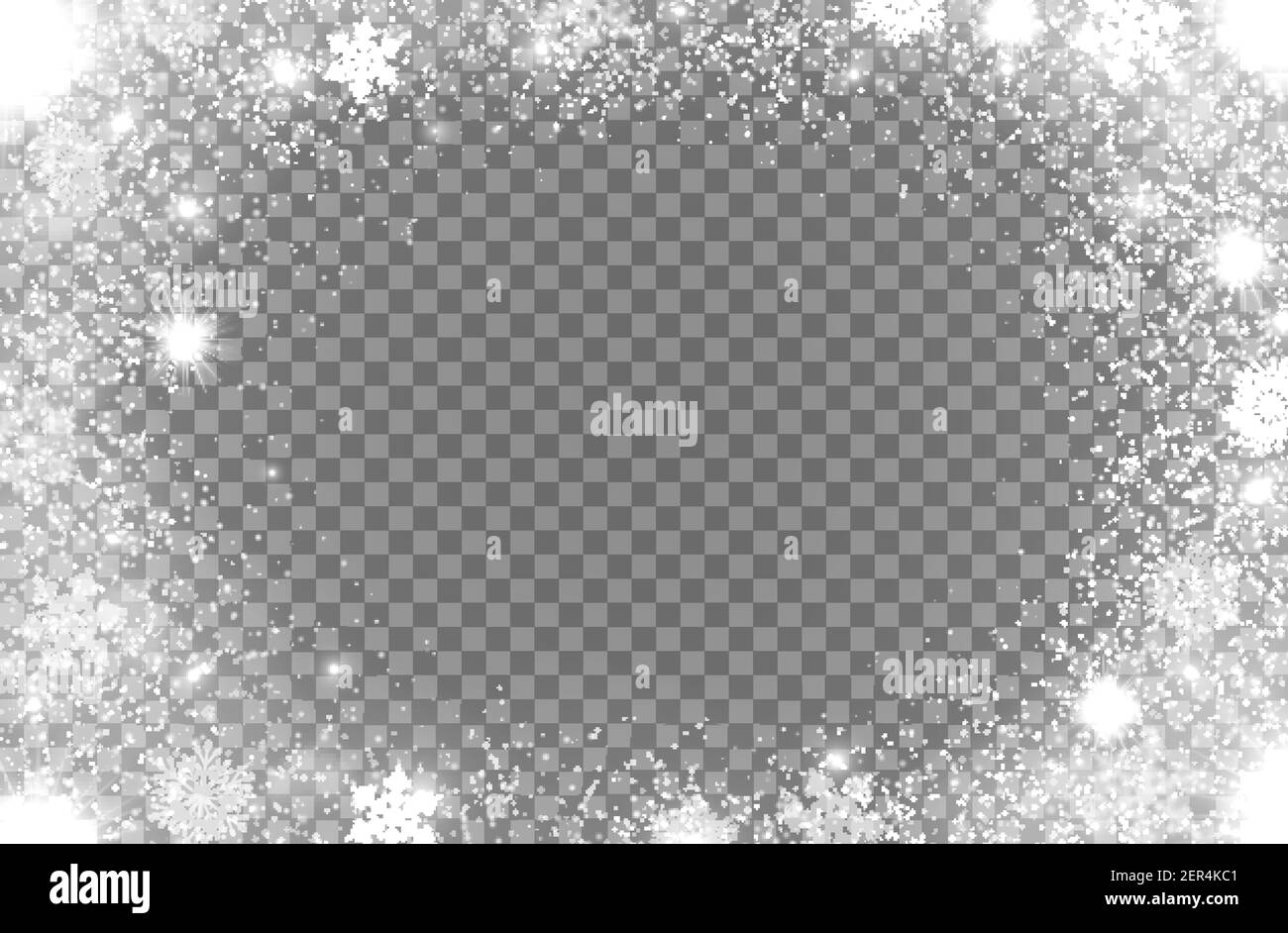 Snowflakes and snow glitter light frame on vector transparent ...