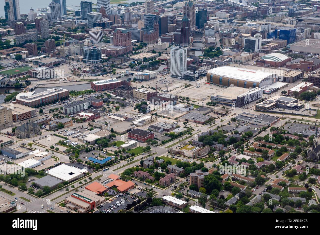 Aerial photograph of Milwaukee, Wisconsin on an overcast summer day ...