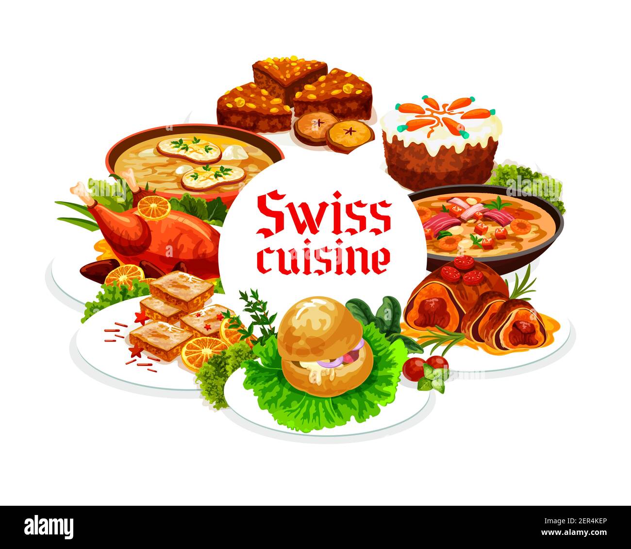 Swiss food cuisine vector gingerbread leckerli, chicken in dough and ...