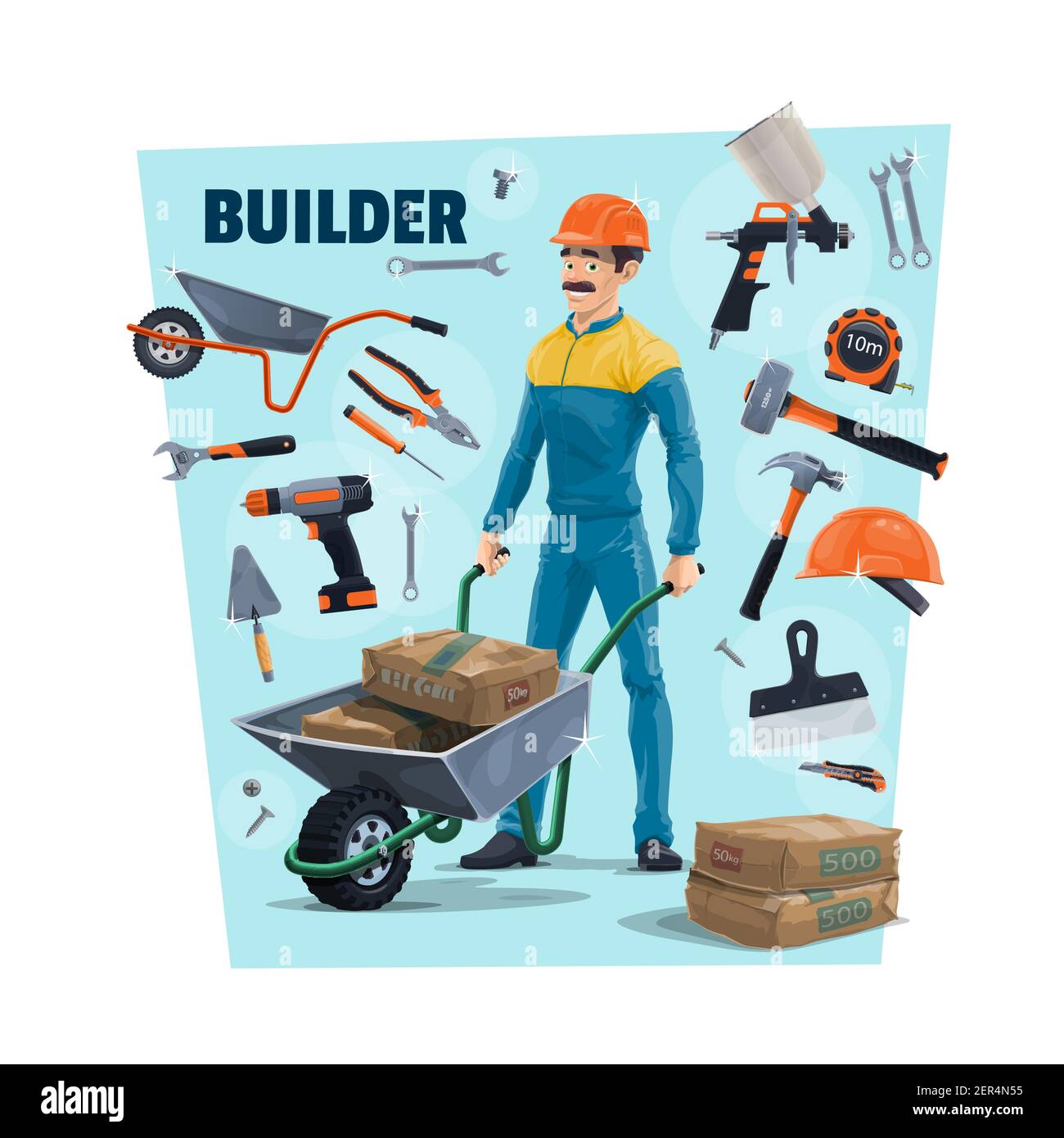Builder, construction worker and tools. Cartoon vector builder carrying ...