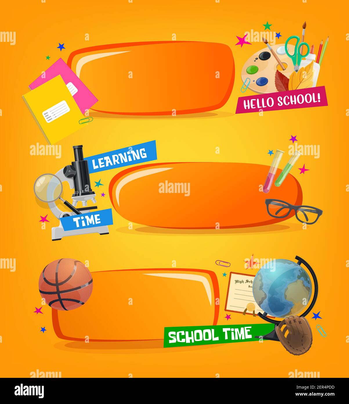 School banners, educational vector frames with cartoon studying ...